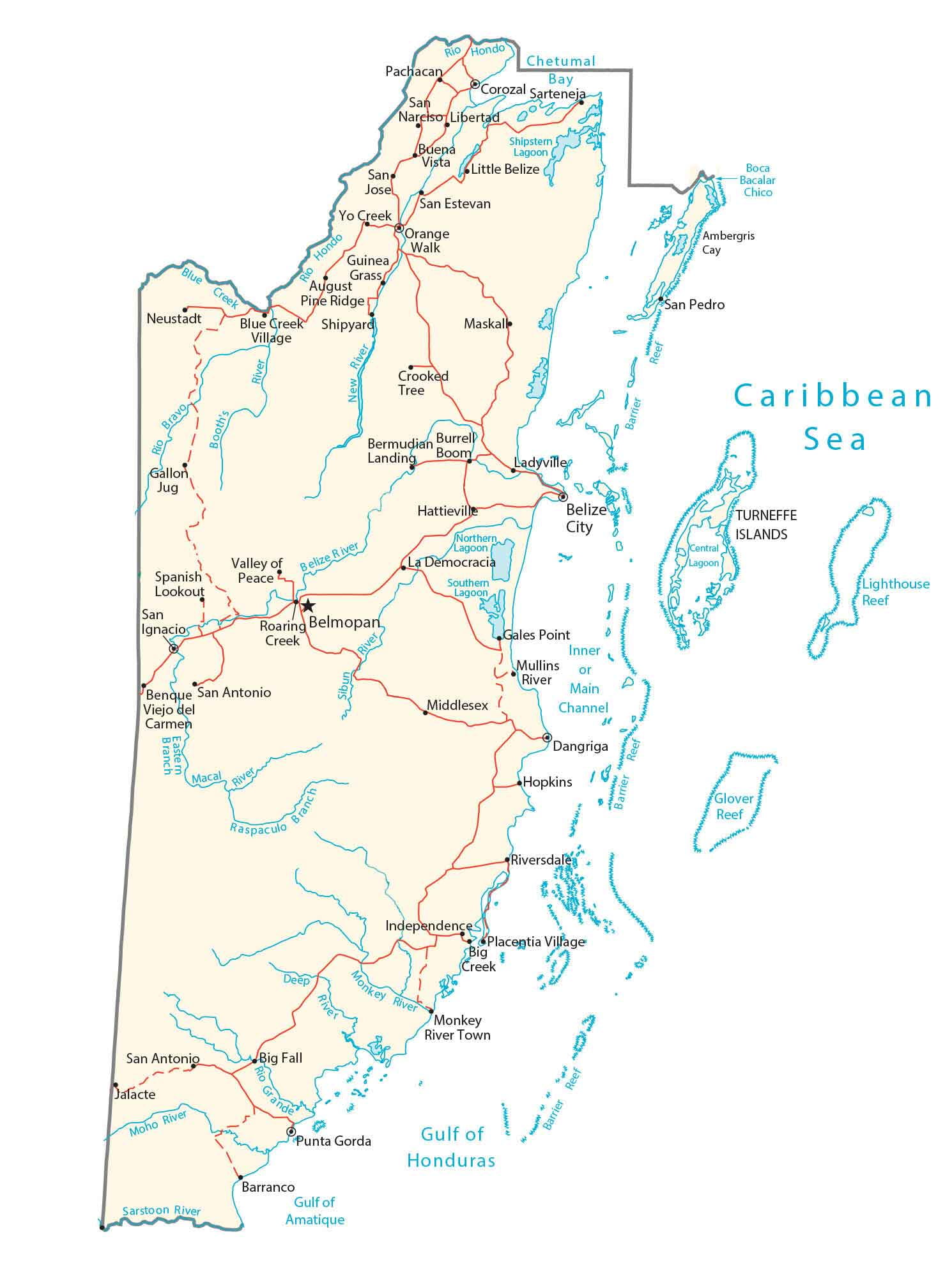 Belize Road Lakes Rivers Map GLOSSY POSTER PICTURE PHOTO PRINT BANNER ...