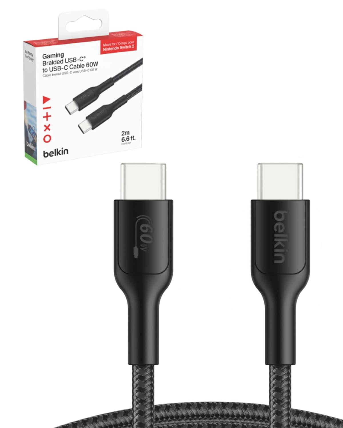 Belkin Gaming USB C to USB C Cable 60W (6.6ft), Braided Type C Charger ...