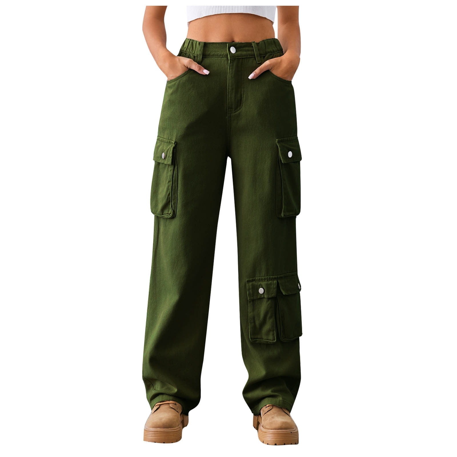 Bell Bottom Jeans High Waist Stretch Cargo Pants Women Baggy Multiple ...