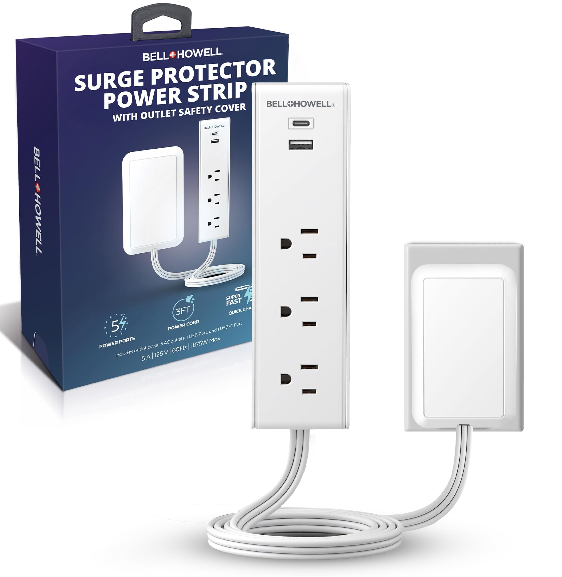 Bell + Howell 3Ft Surge Protector Power Strip Extension Cord with ...