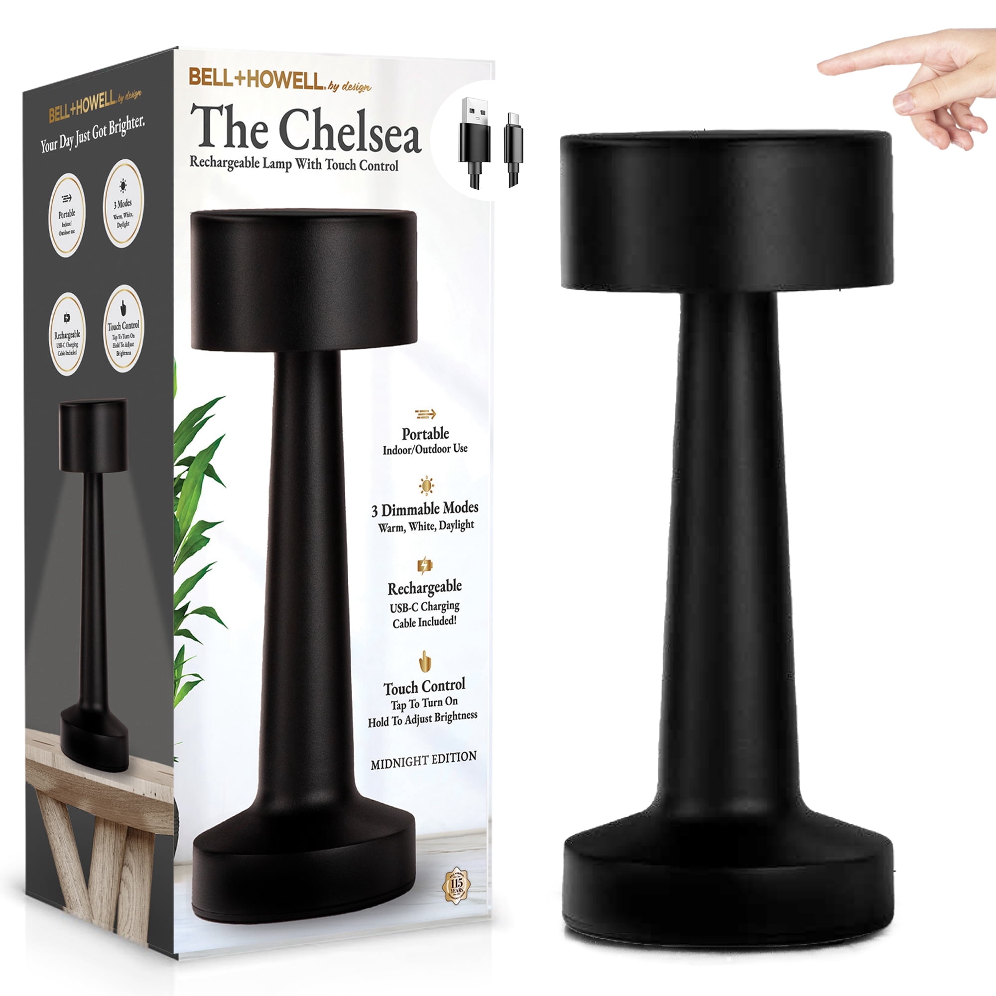 Bell + Howell Chelsea Table Lamp Small Cordless Touch LED Rechargeable ...