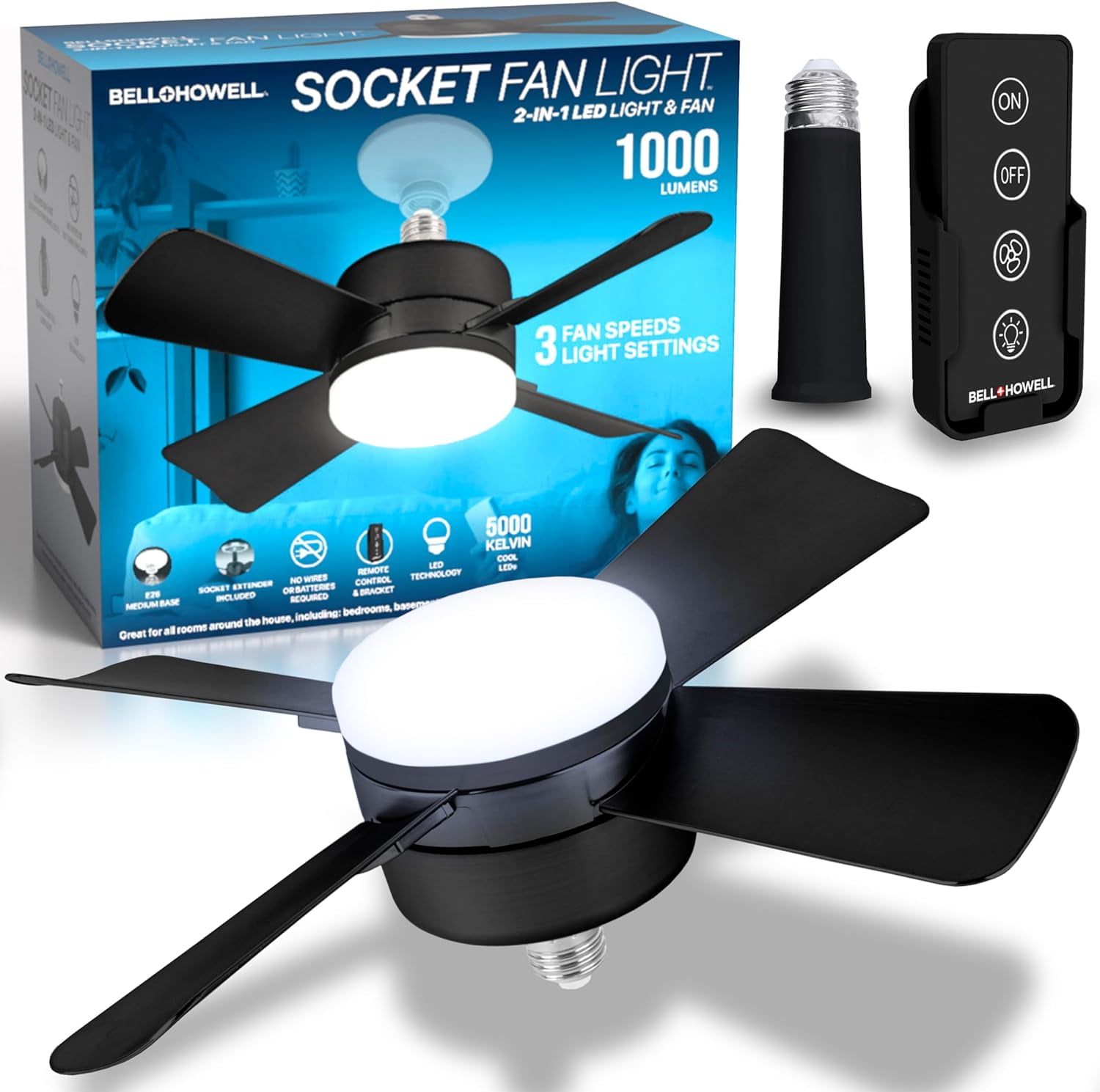 Bell+Howell Socket Fan Cool Light Deluxe Black – Ceiling Fans with LED ...