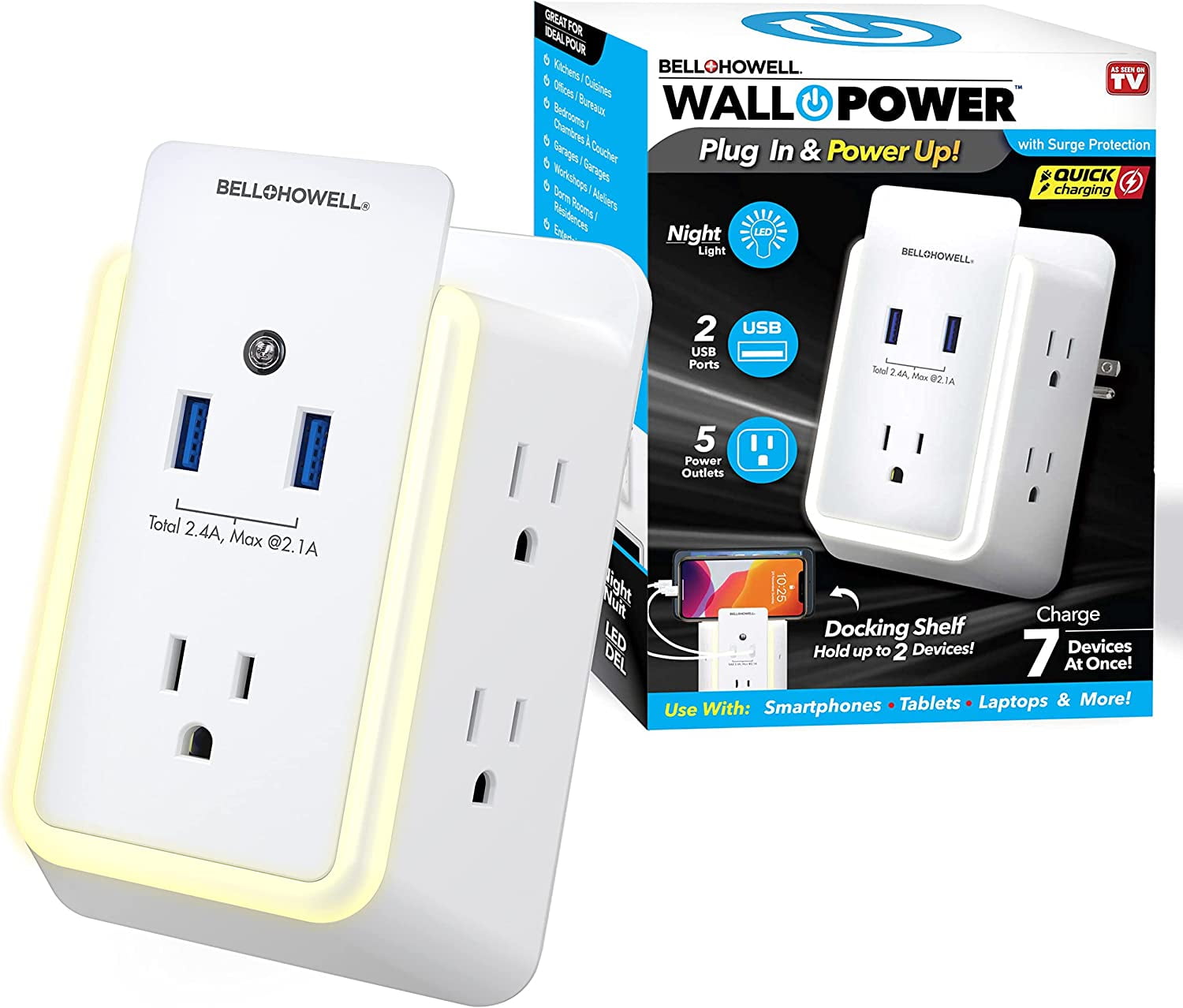 Bell+Howell Surge Protector 5 Outlet Extender with 2 USB Charging Ports ...