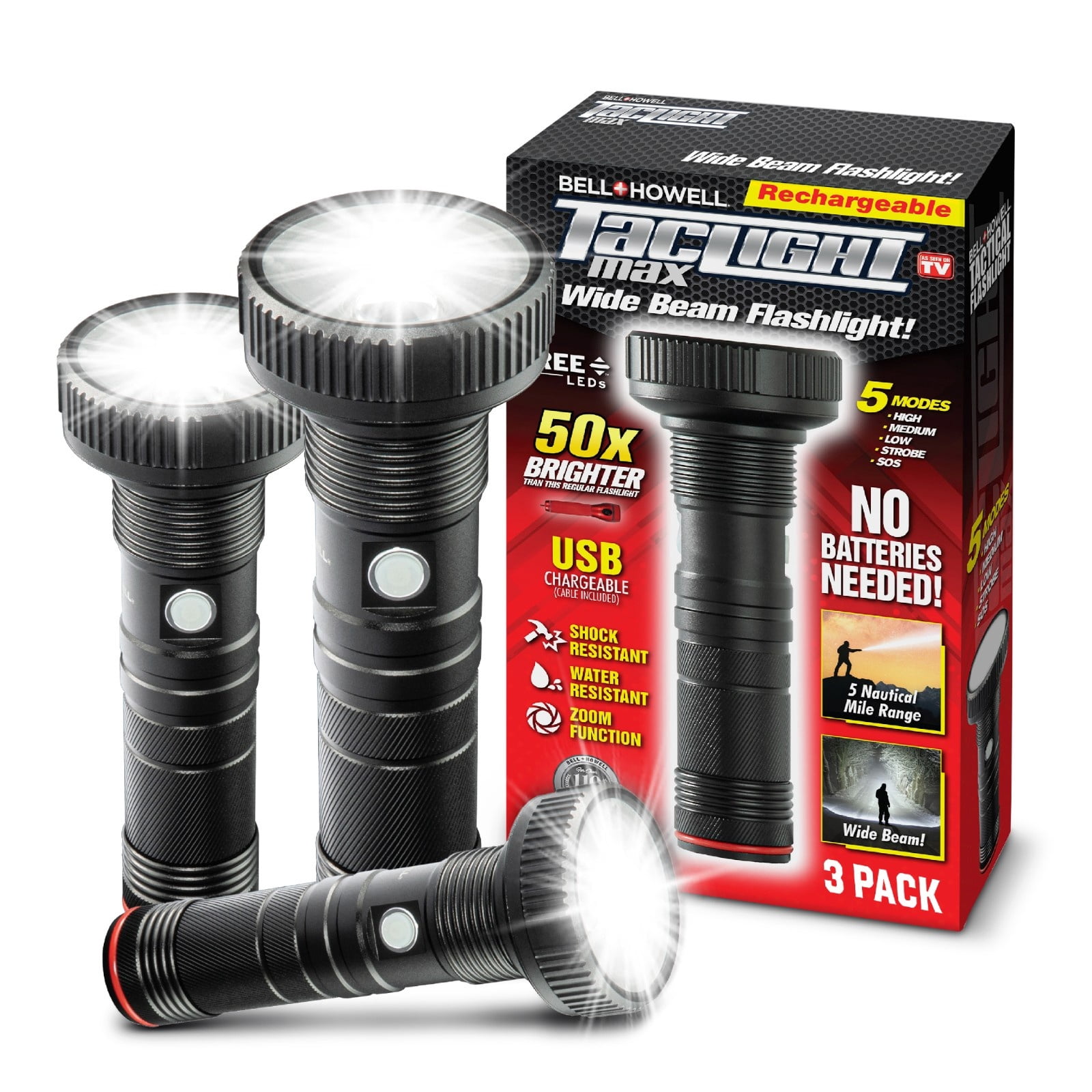 Bell Howell TacLight Max LED 500 Lumens Tactical Flashlight 3 Pack ...