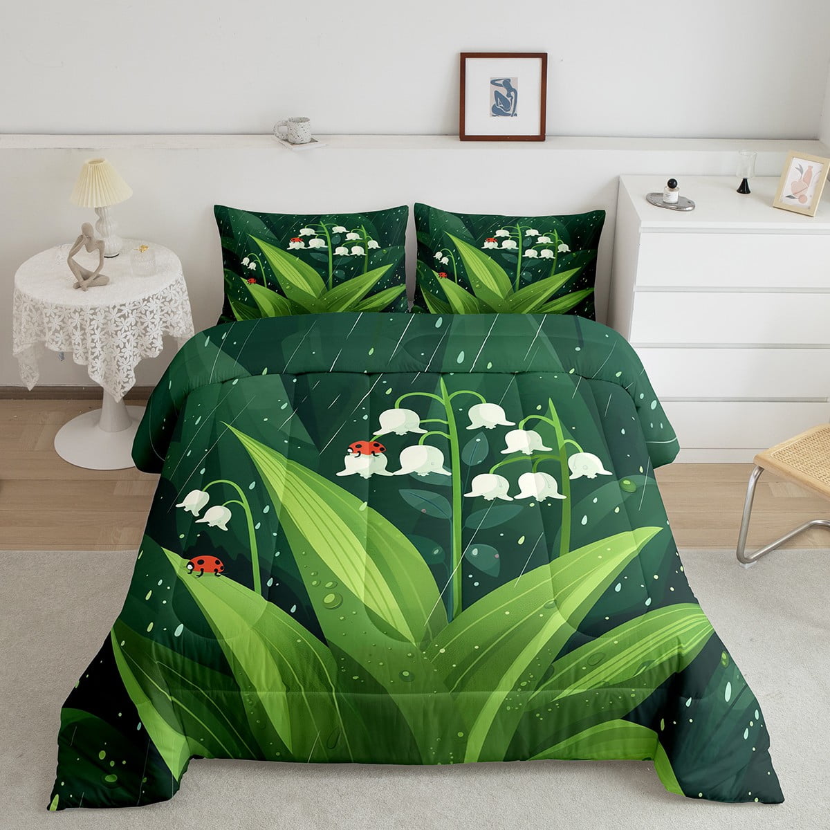 Bell Orchid Flowers Comforter Set Green Plant Leaves Bedding Set ...