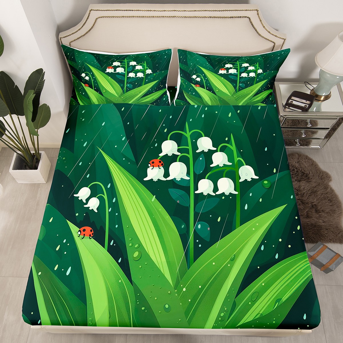 Bell Orchid Flowers Fitted Sheet Green Plant Leaves Bed Sheets ...