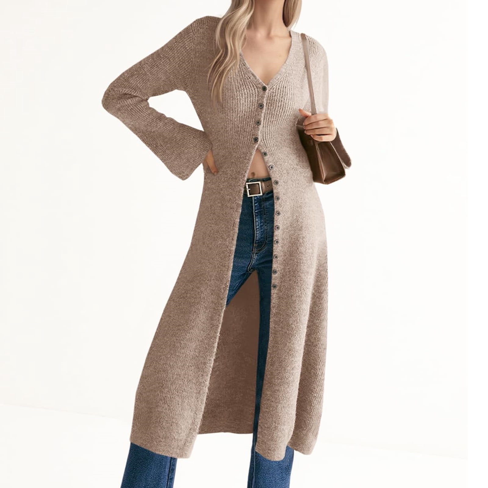 Bell Sleeve Women Solid V Neck Casual Long Button Down Knit Cardigan ...