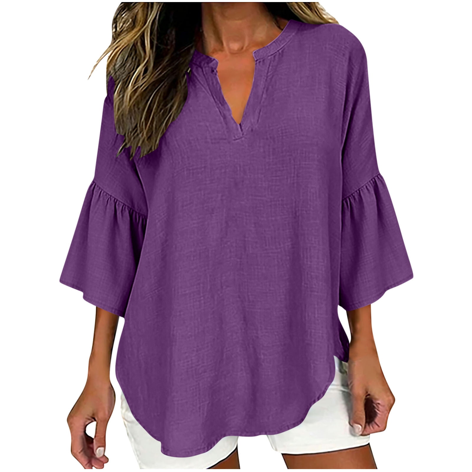 Bell Sleeve Womens Top Linen Blend 3/4 Sleeve Relaxed Fit Casual V-Neck ...