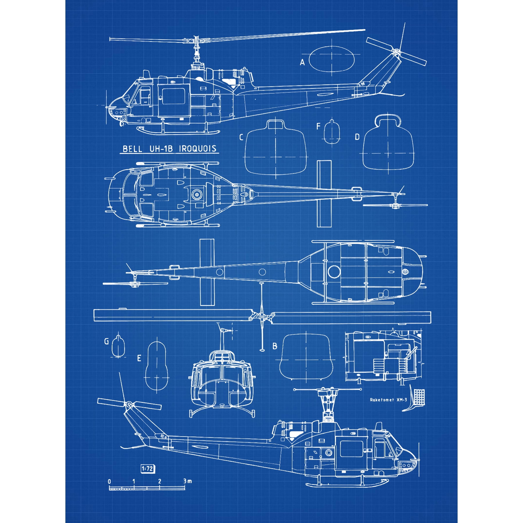 Bell UH-1 Iroquois Military Helicopter Blueprint Plan Extra Large XL ...