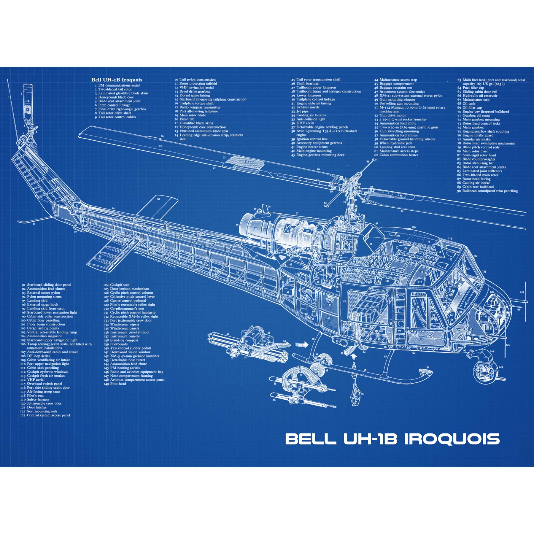 Bell UH-1B Iroquois USA Helicopter Blueprint Plan Extra Large XL Wall ...