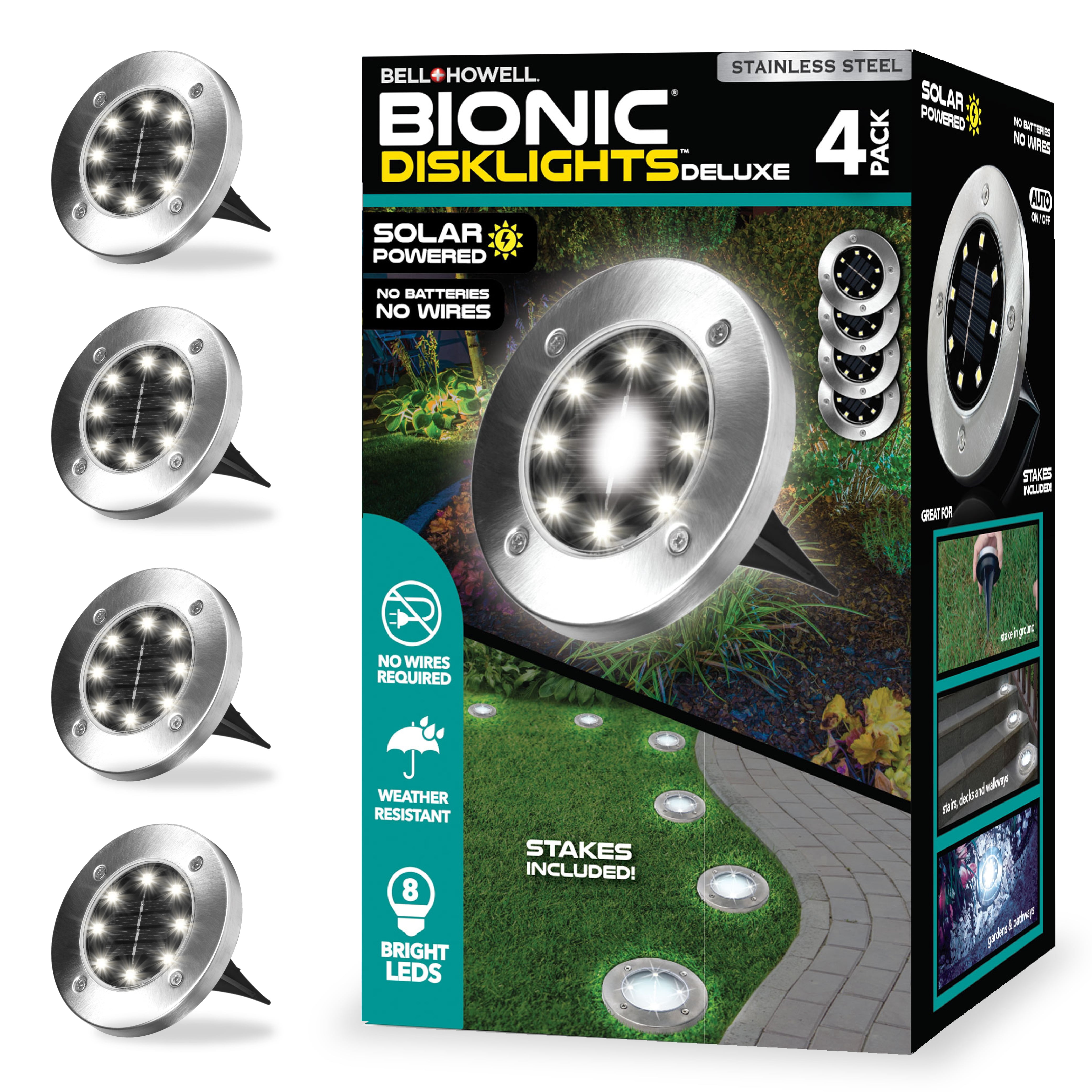 Bell and Howell Disk Light Solar Outdoor Lights with Stakes 4 Pcs ...