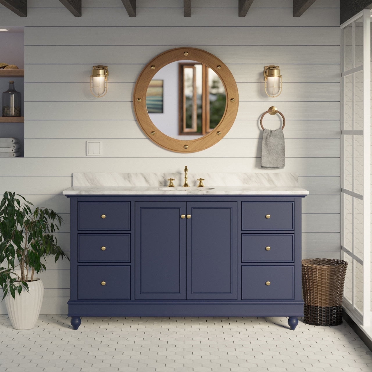 Bella 60" Single Bathroom Vanity with Royal Blue Cabinet and Carrara ...