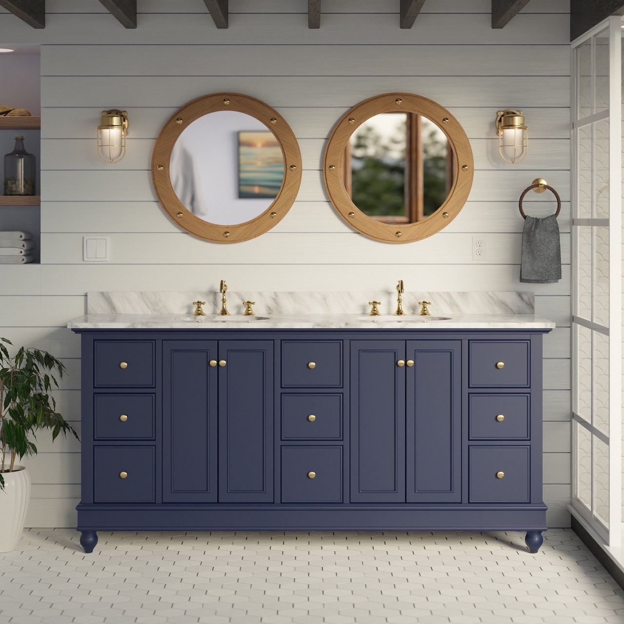 Bella 72" Double Bathroom Vanity with Royal Blue Cabinet and Carrara ...