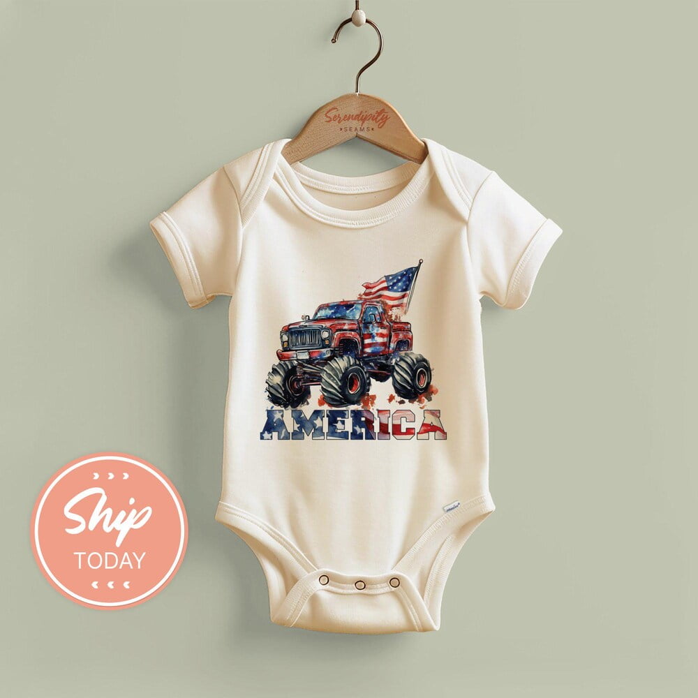 Bella Canvas with America Monster Truck, Newborn Boy First Fourth Of July Clothing, Memorial Day ...