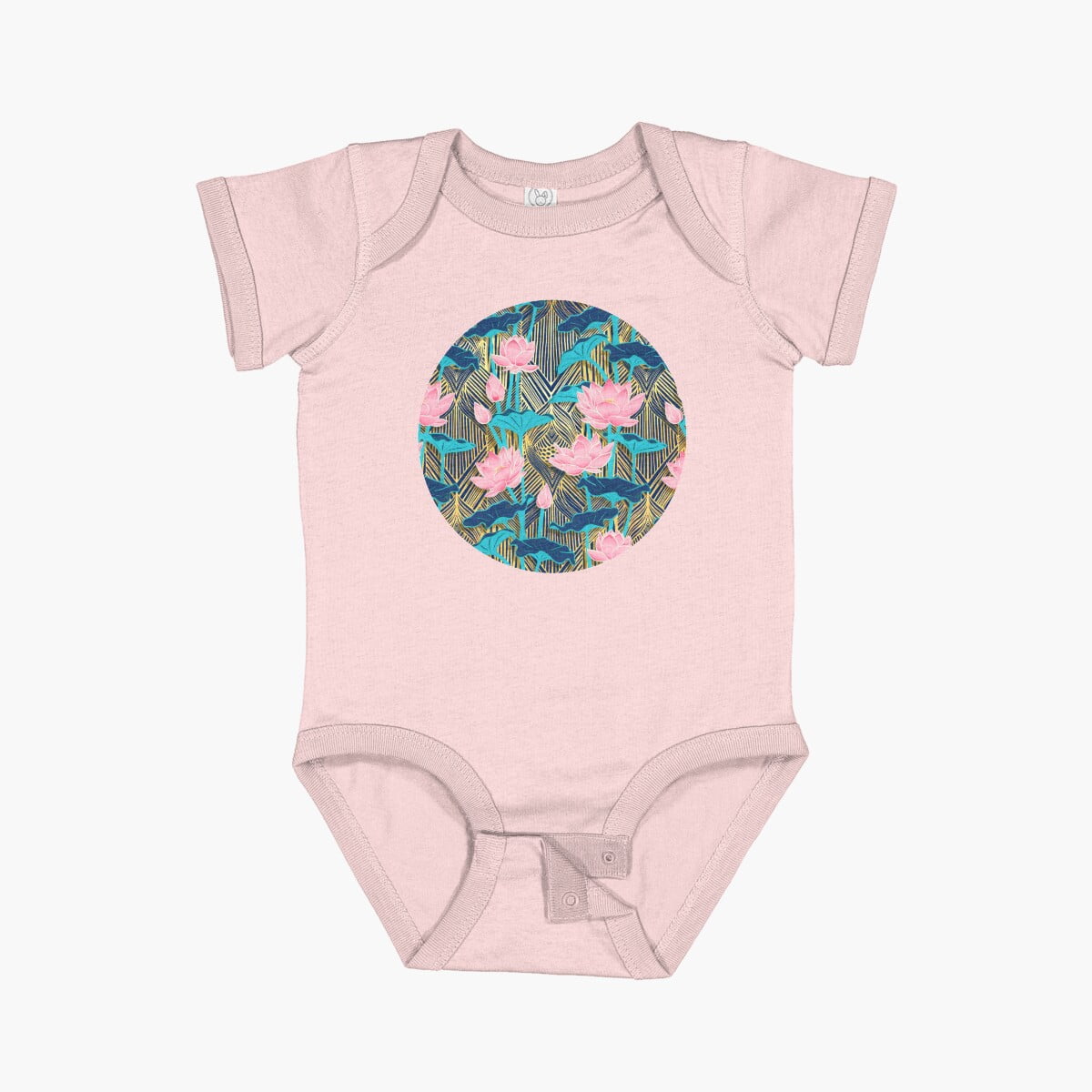 Bella Canvas Art Deco Lotus Flowers In Pink & Navy Short Sleeve Baby ...