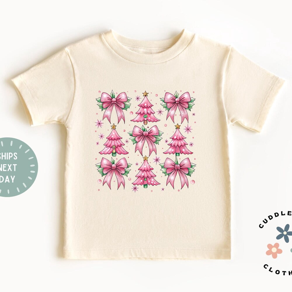 Bella Canvas Christmas Kids Shirt, Christmas Coquette Bows and Trees ...