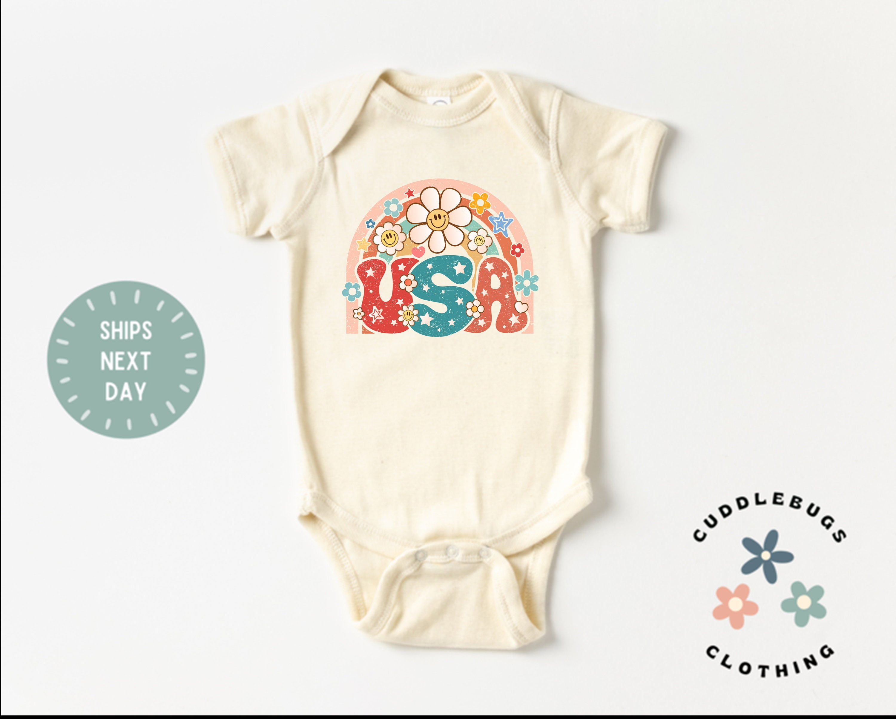 Bella Canvas with Fourth Of July, Retro Rainbow Smiley Face And Flowers Usa, First 4Th Of July ...