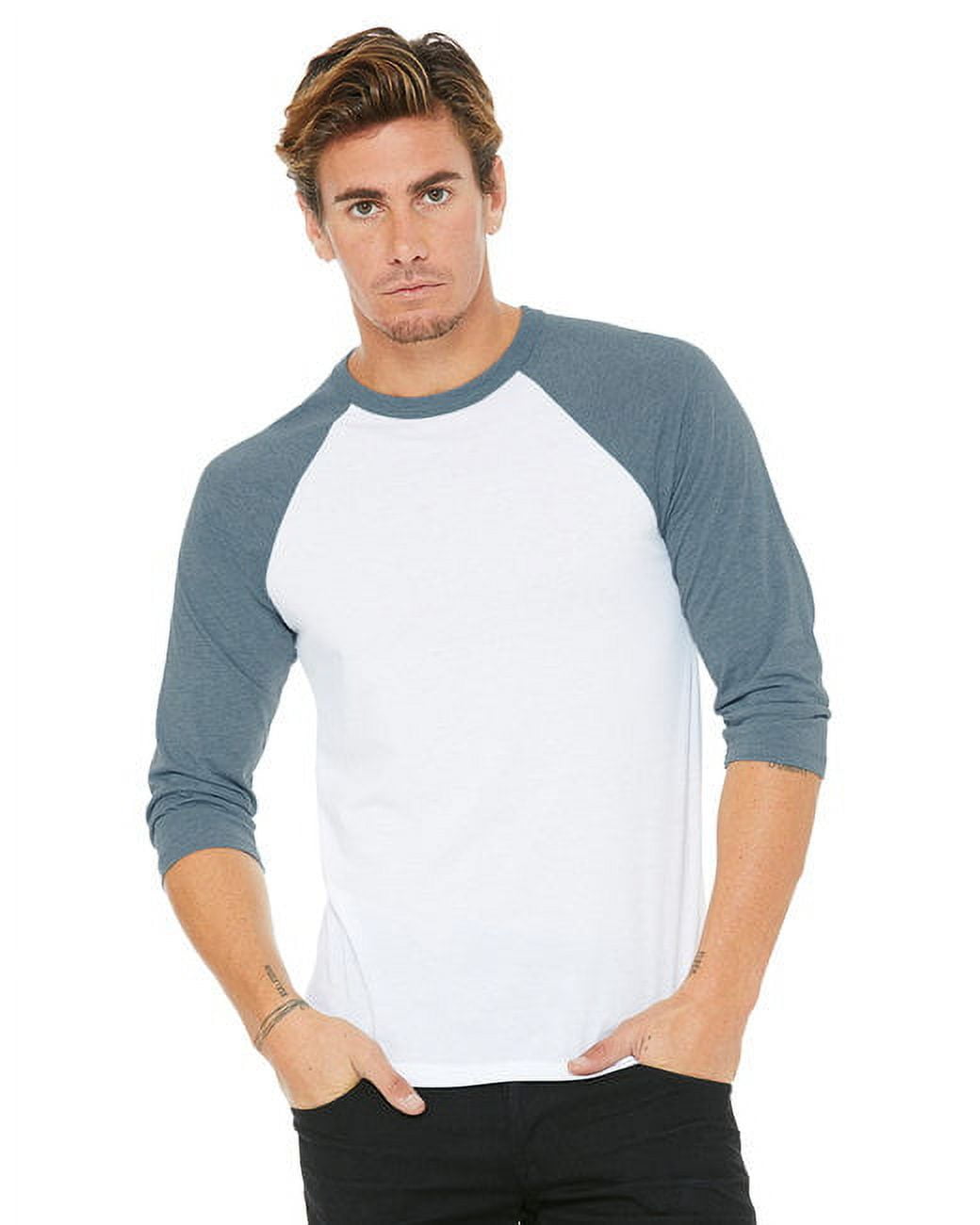 Bella + Canvas Adult Cotton 3/4-Sleeve Raglan Baseball Tee, White/Denim ...