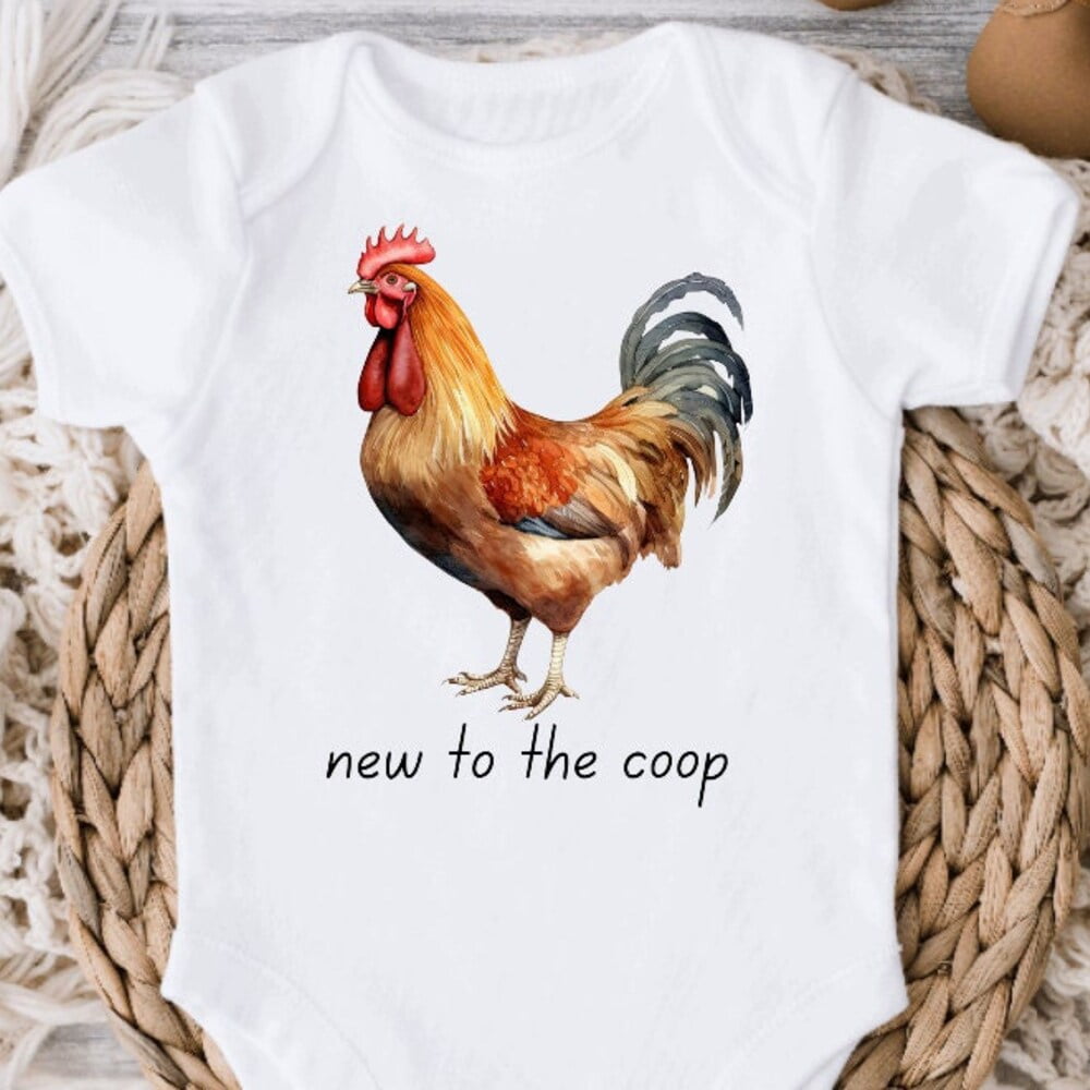Bella Canvas with Rooster New To The Coop, Loves Chickens Newborn Birth Announcement, Barnyard ...
