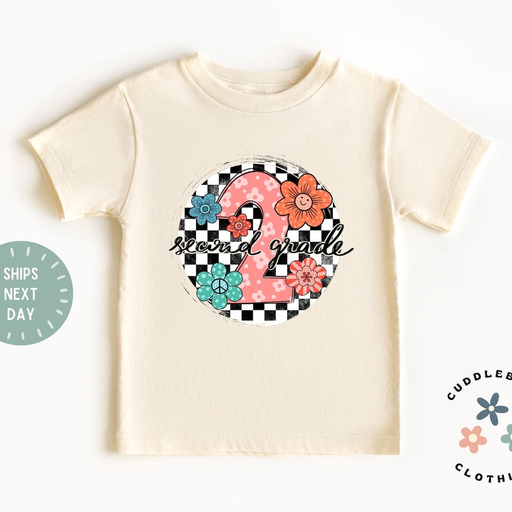 Bella Canvas Second Grade Shirt, Retro Flowers and Checks, Girl First ...