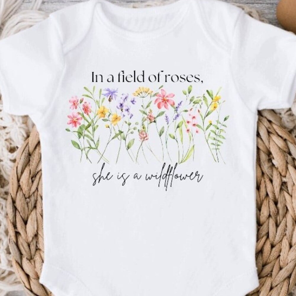 Bella Canvas with Wildflower Girls Shirt, In A Field Of Roses She Is A Wildflower, Newborn Baby ...