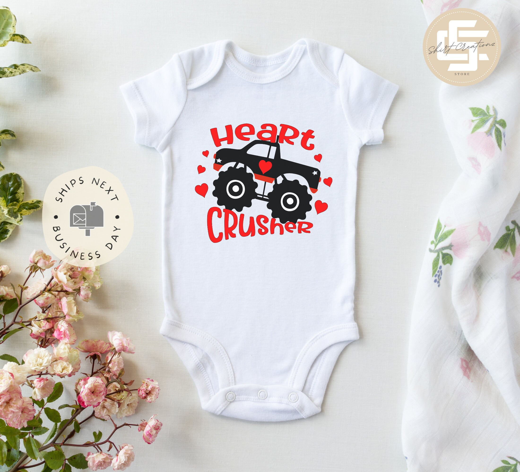 Bella Canvas with Heart Crusher - Valentines Day, Monster Truck, Baby'S First Valentine Body ...