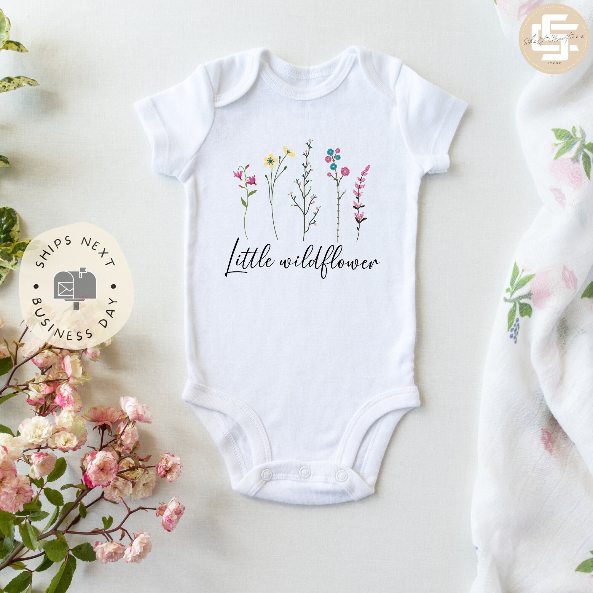 Bella Canvas with Little Wild Flower, Wildflower, Baby Announcement Body Suit. Cute Baby Gift ...