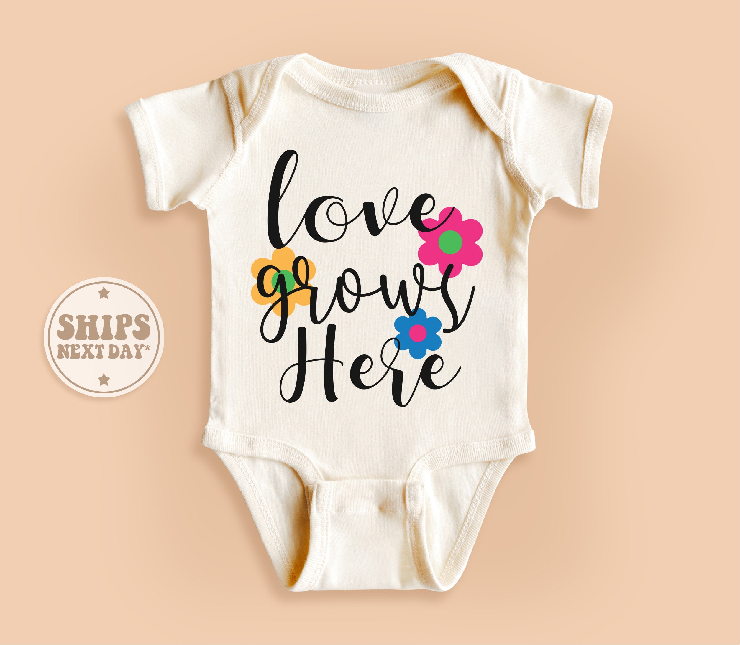 Bella Canvas with Love Grows Here, Cute Floral, Retro Natural Baby Gift ...