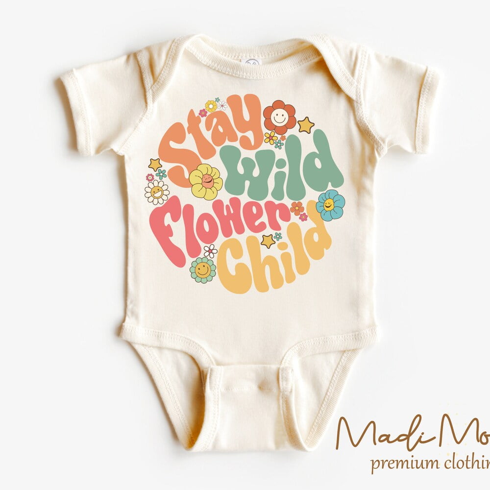 Bella Canvas with Stay Wild Flower Child, Boho Hippie Kids Shirt Cute Baby Boy or Girl Bodysuit ...