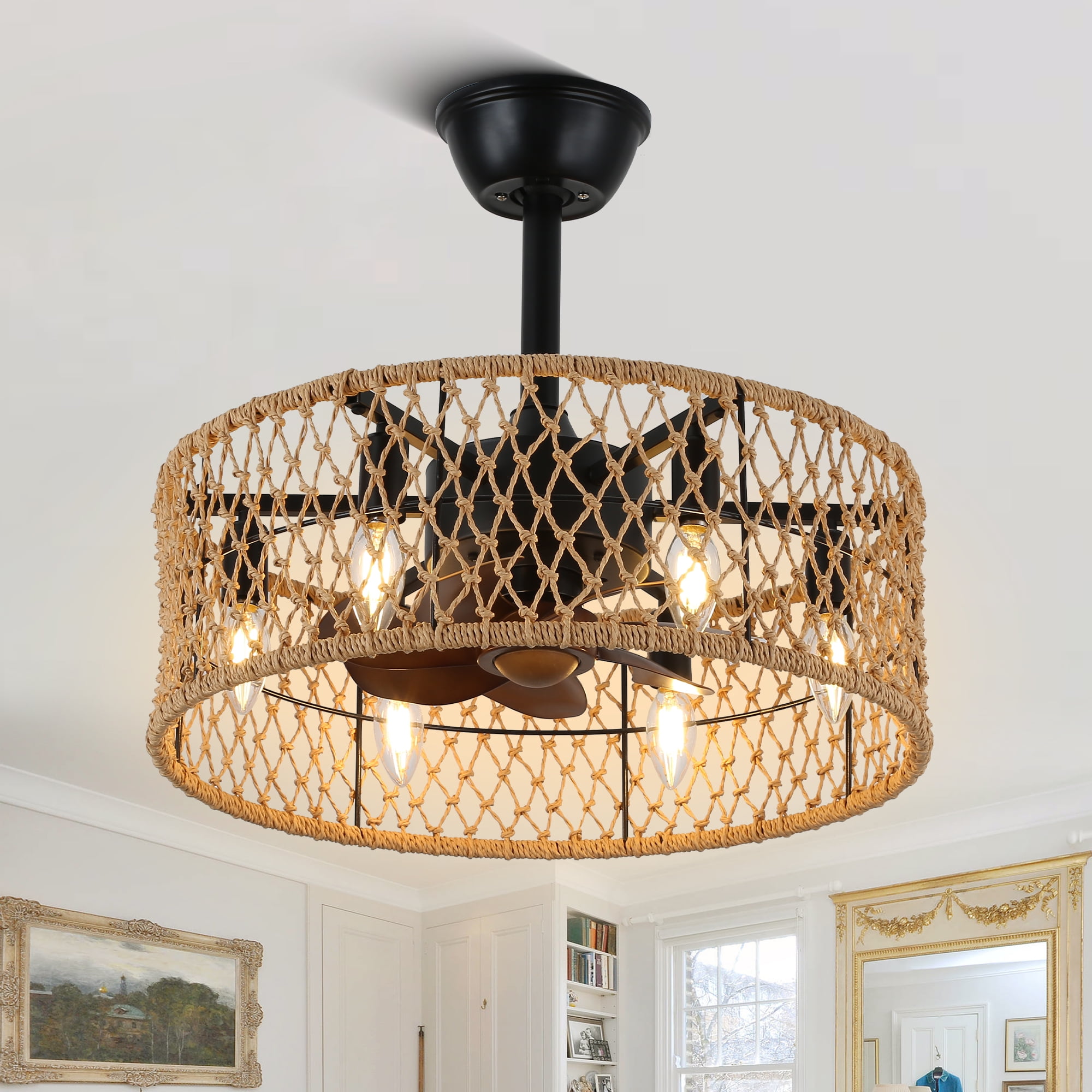 Bella Depot 18 Inches Woven Rope Drum Ceiling Fan with Light and Remote ...