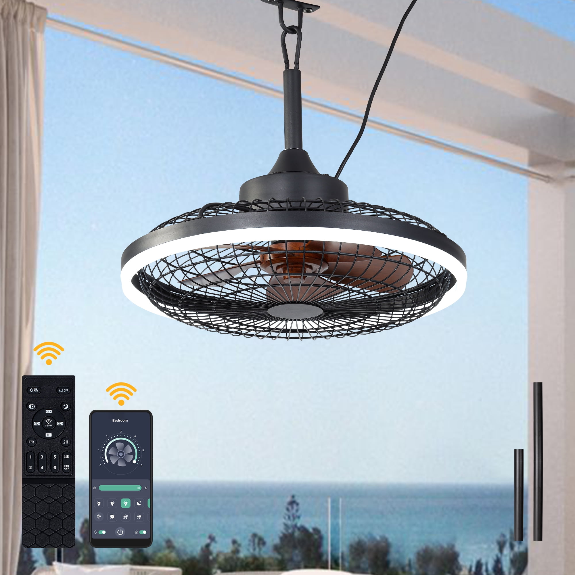 Bella Depot 20" Outdoor Cage Ceiling Fan with Light and Remote ...