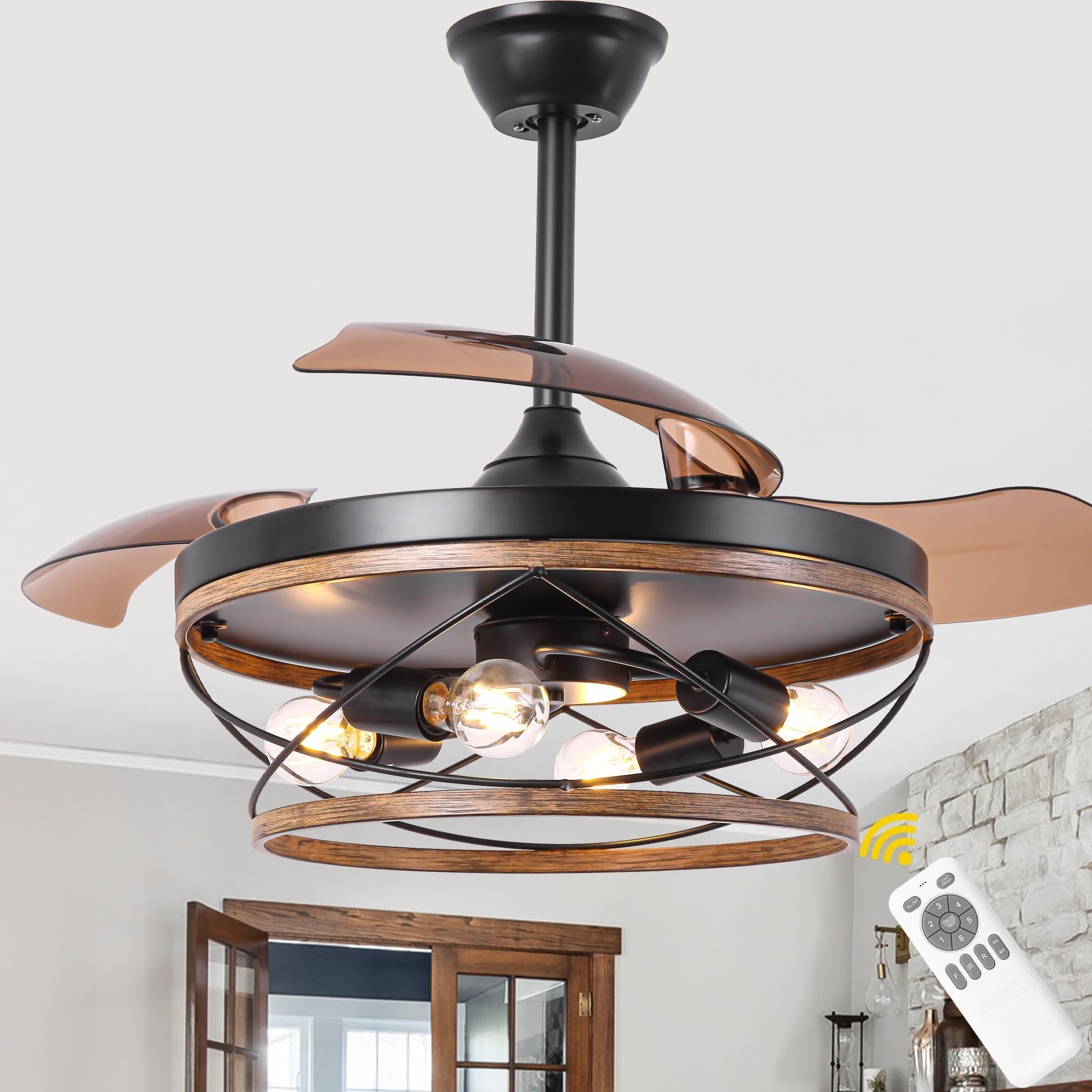 Bella Depot 42" Rustic Retractable Ceiling Fan with Light and Remote 6 ...