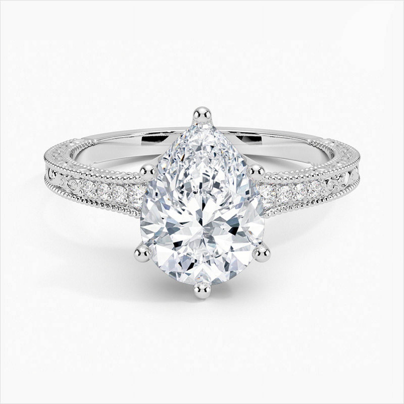 Bella Jewelry 1.58 Ct White Pear Cut Moissanite Ring - 14K White Gold Plated Vintage Milgrain ...
