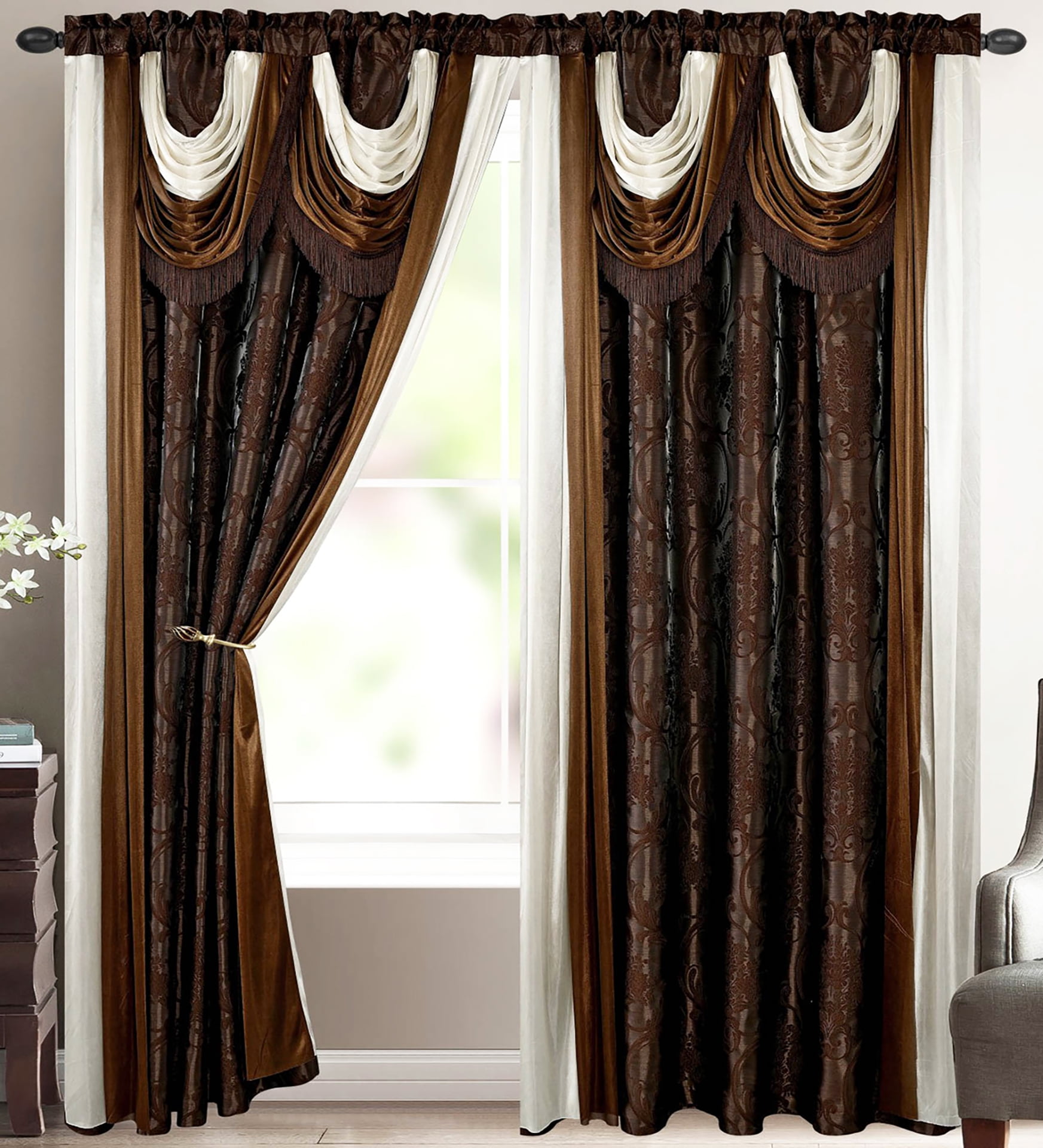 Bella Luxury Jacquard Curtain Panel with Attached Waterfall Valance ...