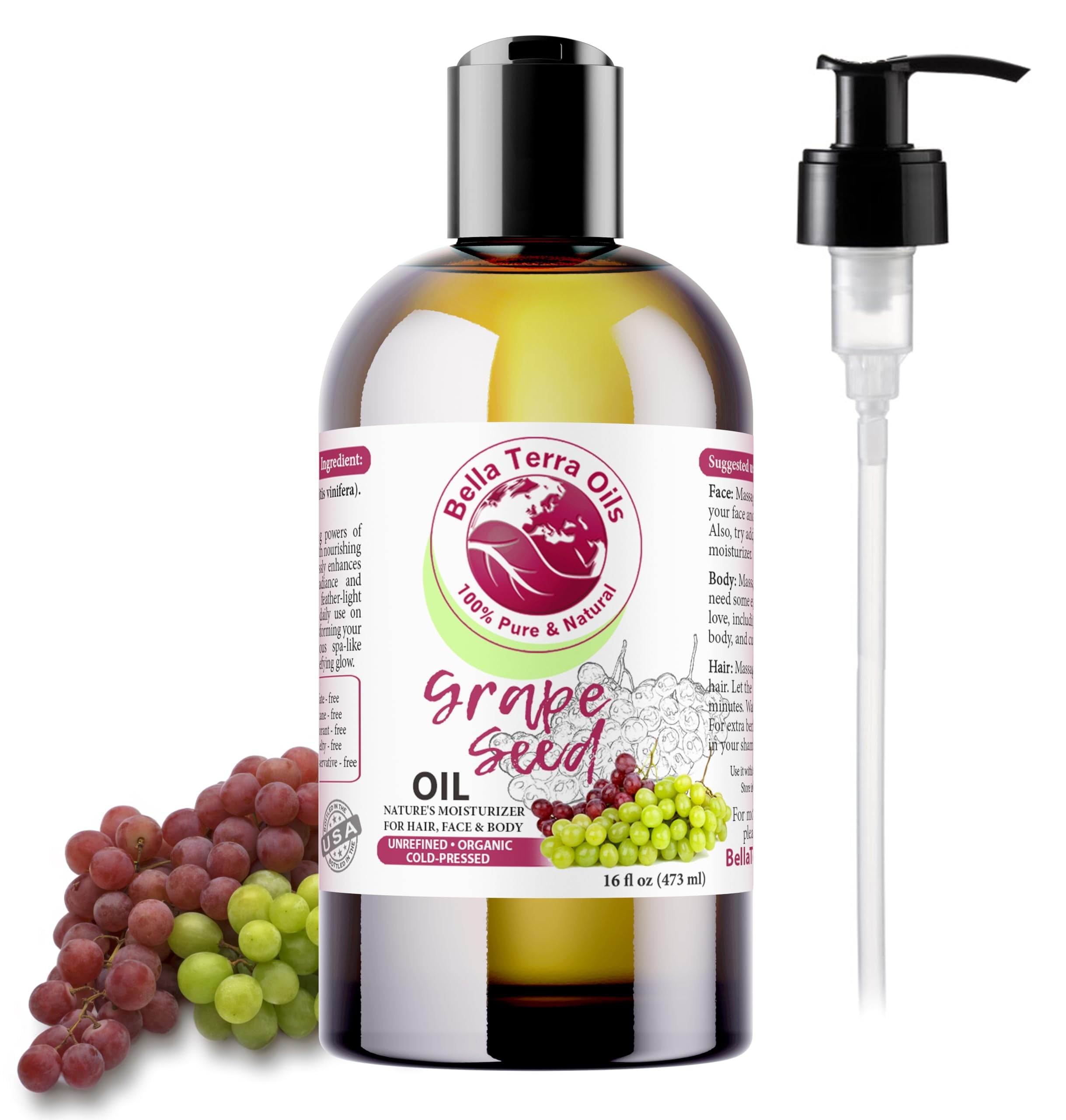 Bella Terra Oils - TSF6 Organic Grape Seed Oil 16oz - Pure Organic ...