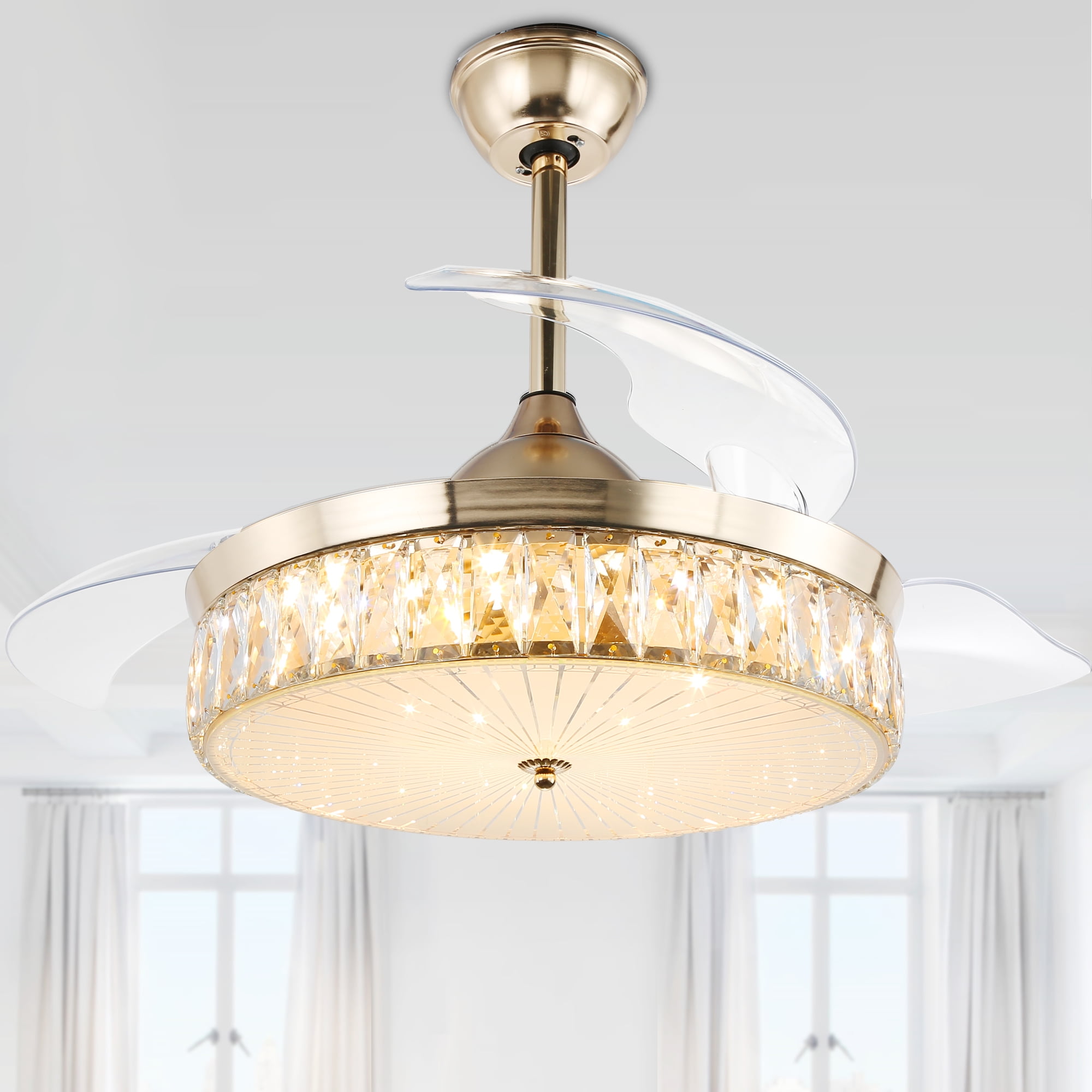 Belladepot 42" Gold Crystal Retractable Ceiling Fan with Remote Control ...