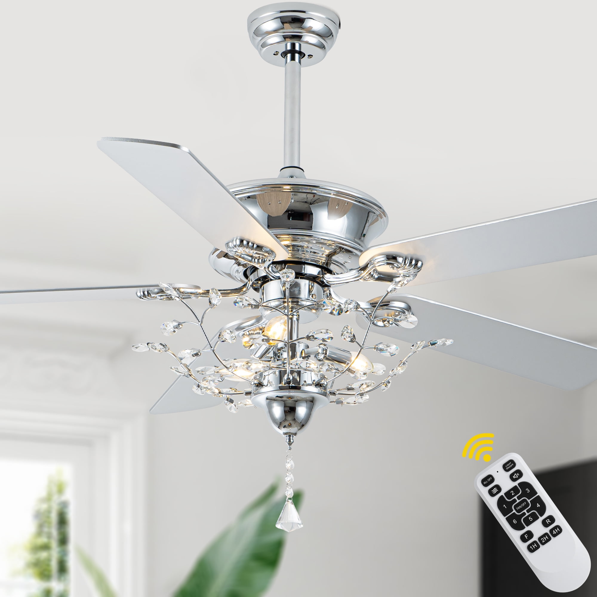 Bella Depot 52'' Indoor Chrome Crystal Ceiling Fan, Sliver, with ...