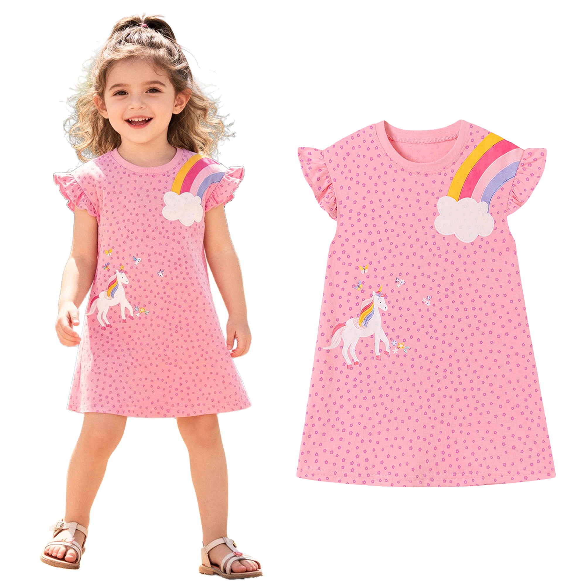 Bellafa 2-7T Girl's Summer Dress 100% Cotton Ruffle Sleeve A-Line ...