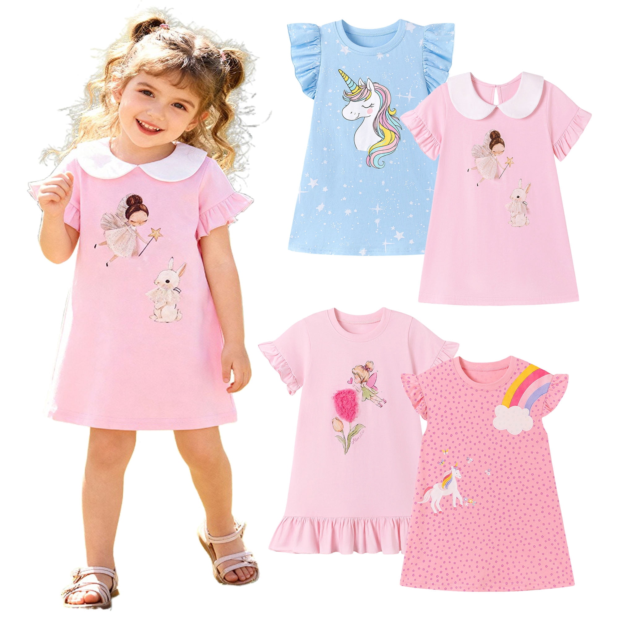 Bellafa 2-7T Girl's Summer Dress 100% Cotton Ruffle Sleeve A-Line ...