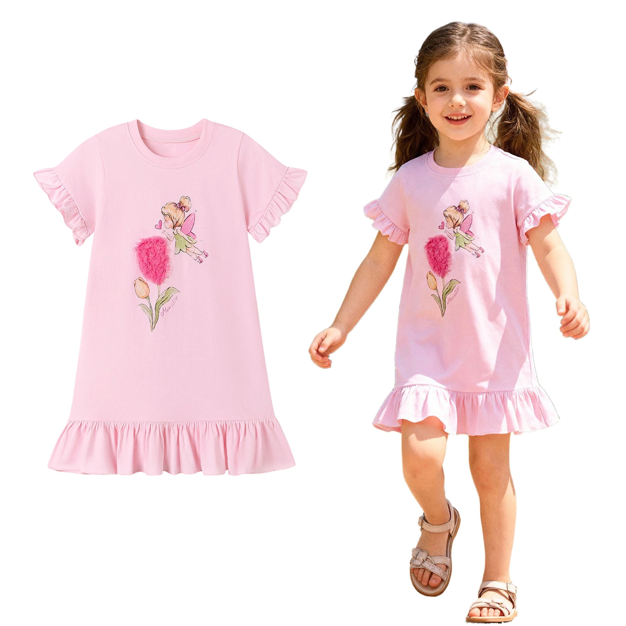 Bellafa 2-7T Girl's Summer Dress 100% Cotton Ruffle Sleeve A-Line ...