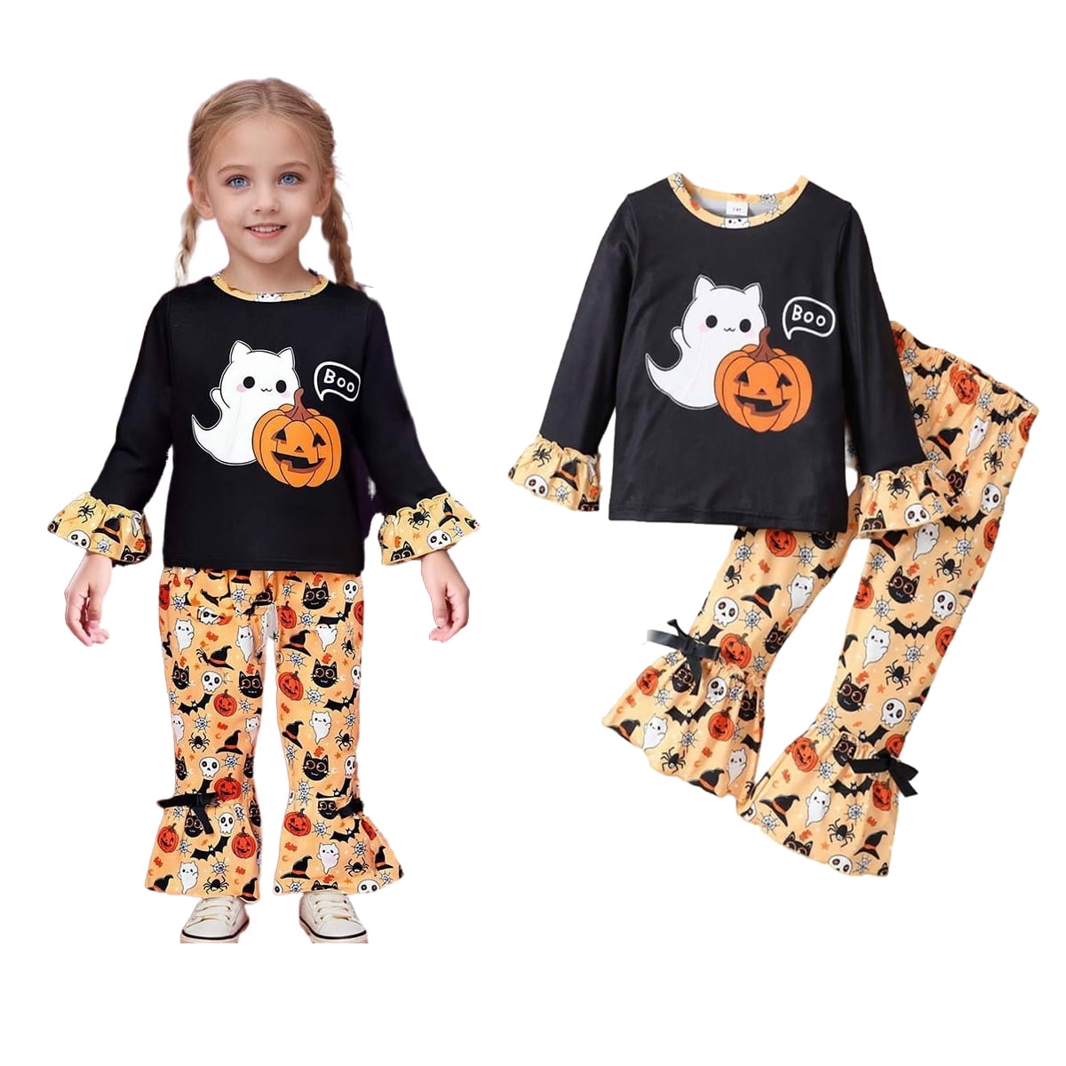 Bellafa Baby Girl Halloween Outfit Ruffle Long Sleeve Crew Neck Pumpkin Ghost Print Tops Shirt+ ...