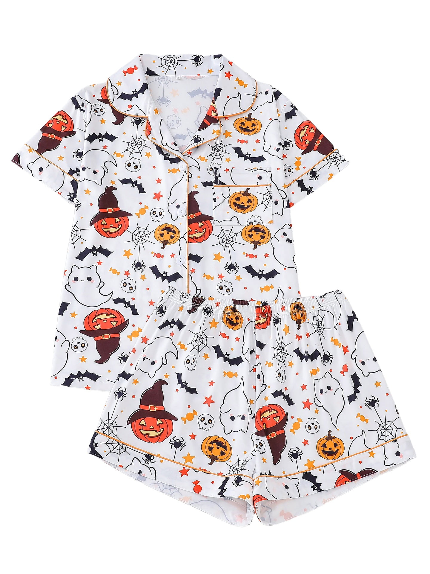 Bellafa Lapel Neck Halloween Pajama Sets for Women 2 Piece Ghost ...
