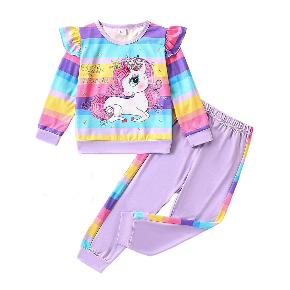 Bellafa Little Girls Rainbow Stripes Unicorn Sweatshirt and Jogger ...