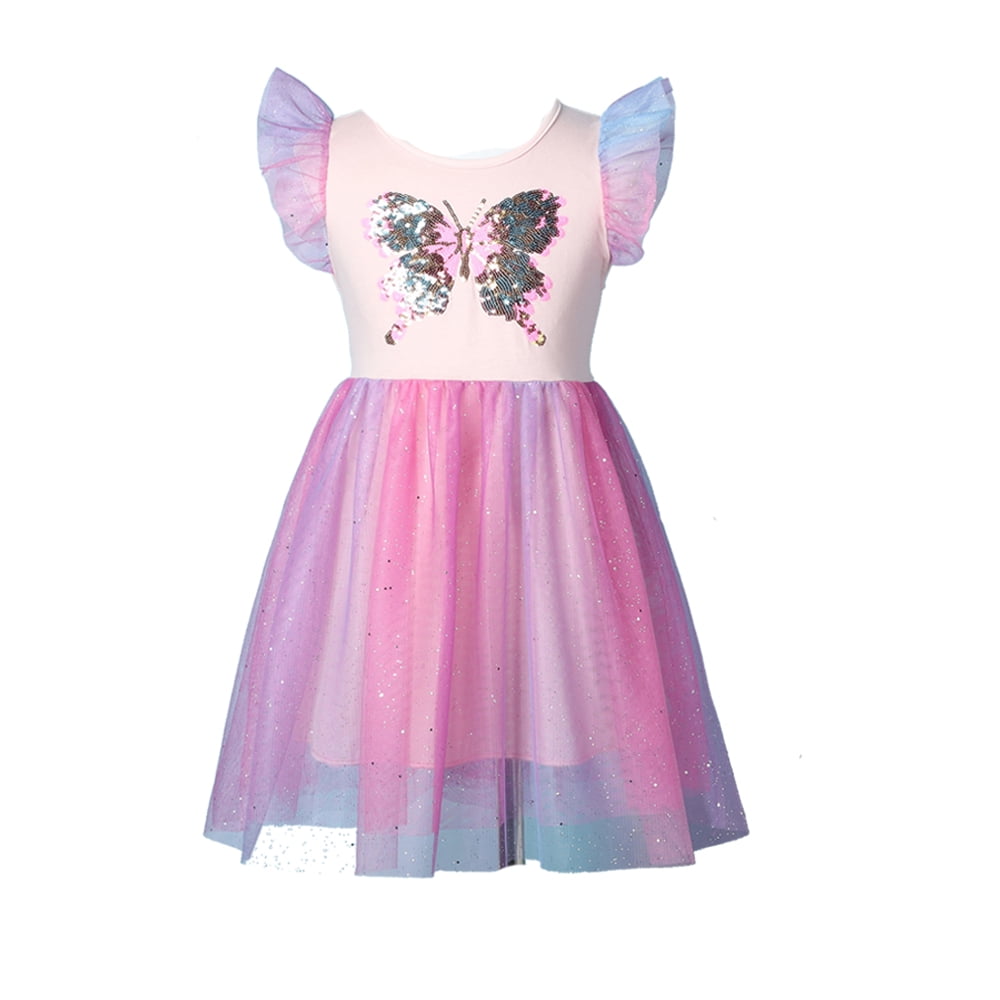 Bellafa Little Girls Sequin Tulle Dresses Princess Flutter Sleeve Tutu ...