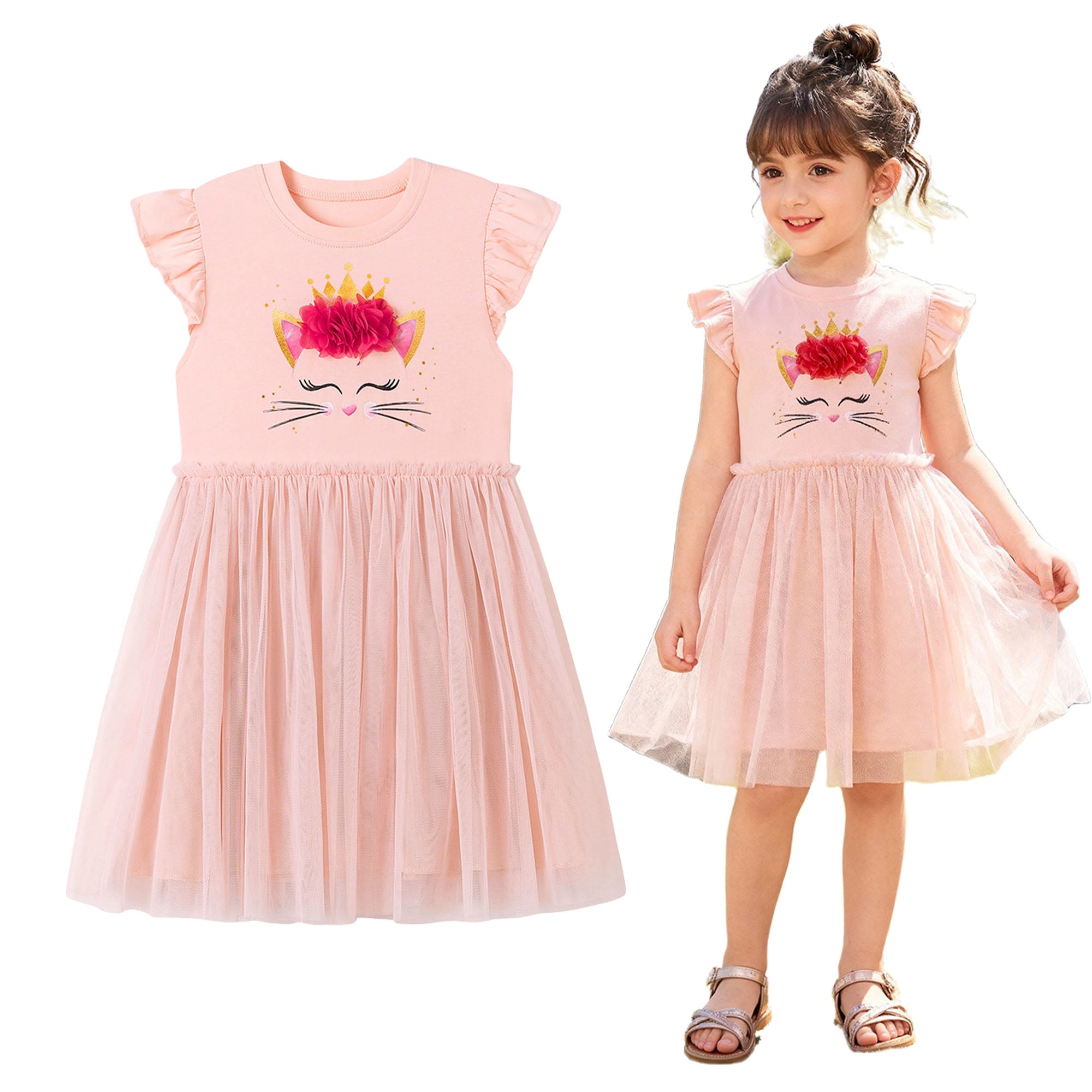 Bellafa Toddler Applique Tutu Dress Little Girls Fluffy Sleeve Summer ...
