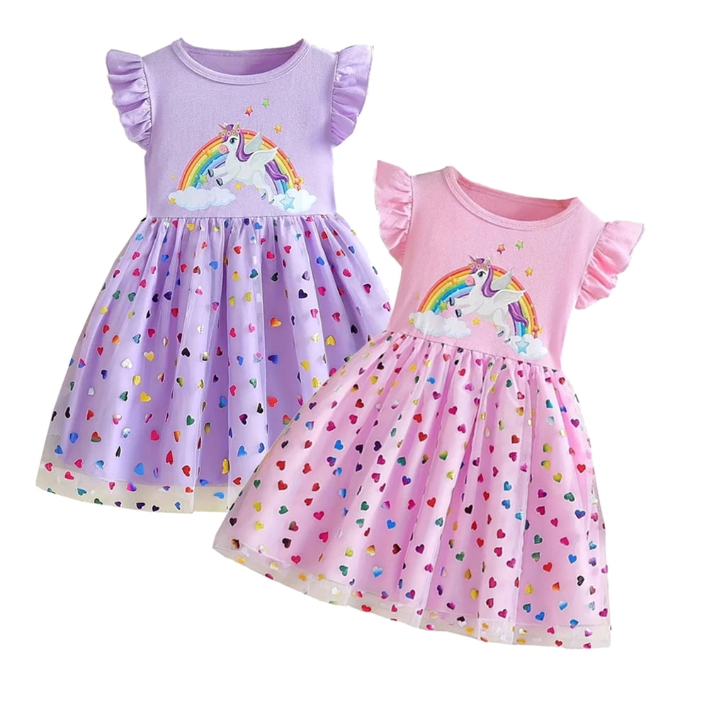 Bellafa Toddler Girls Rainbow Unicorn Summer Dress Ruffled Sleeve ...