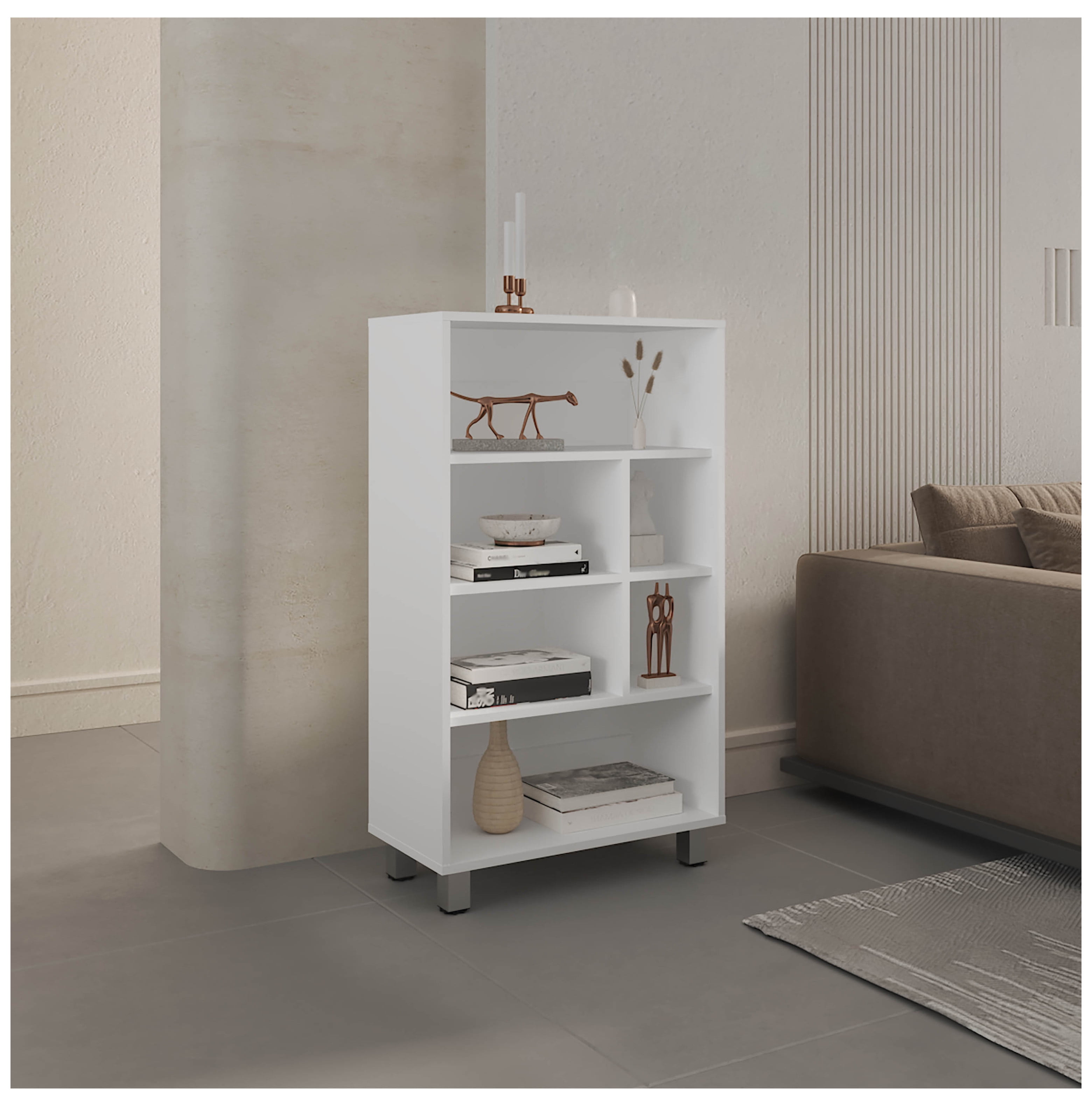 Bellagio 40" Tall Four-Tier Shelf Base Cabinet with 6 Cubbies White ...