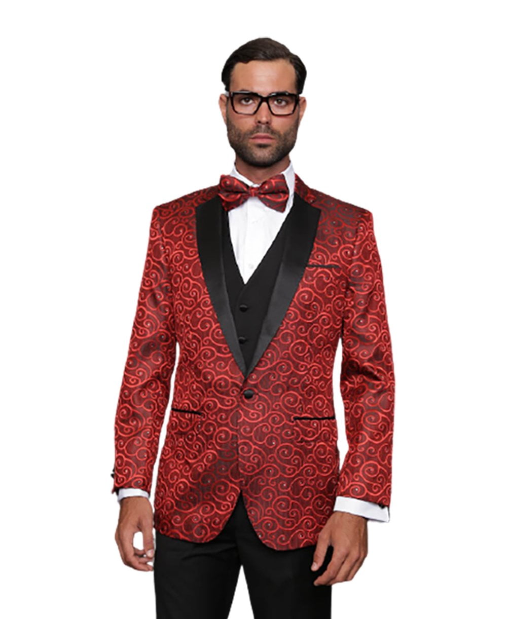 Bellagio Classic 3Pc 1 Button Mens Red Suit With Trim On The Collar ...