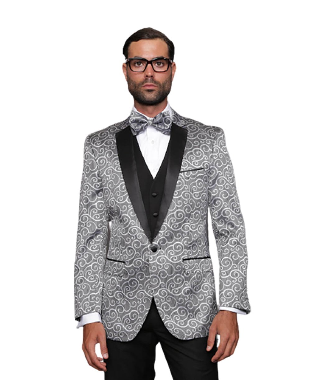 Bellagio Classic 3Pc 1 Button Mens Silver Suit With Trim On The Collar ...