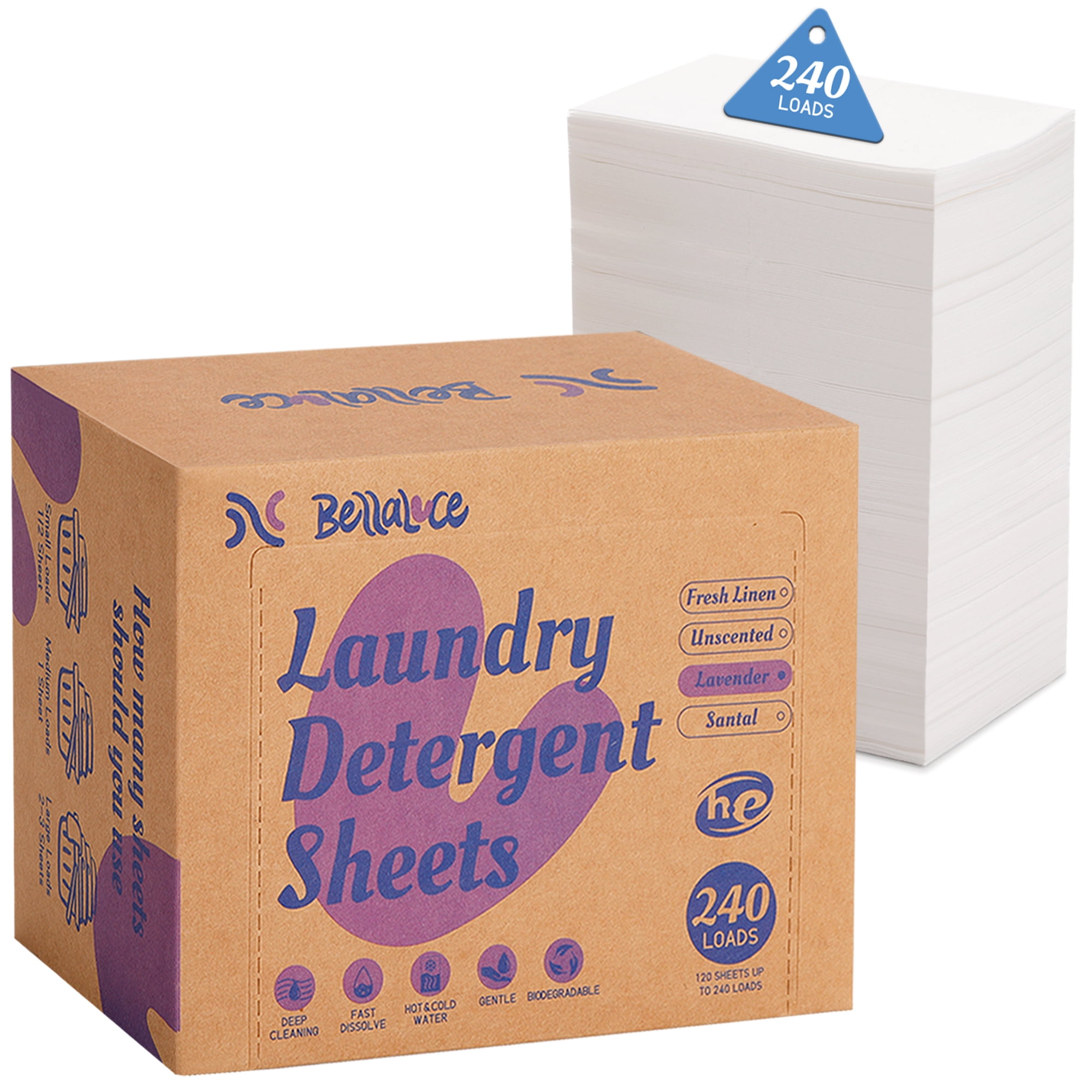 Bellaluce Concentrated Laundry Detergent Sheets, Lavender Scent, 240 ...